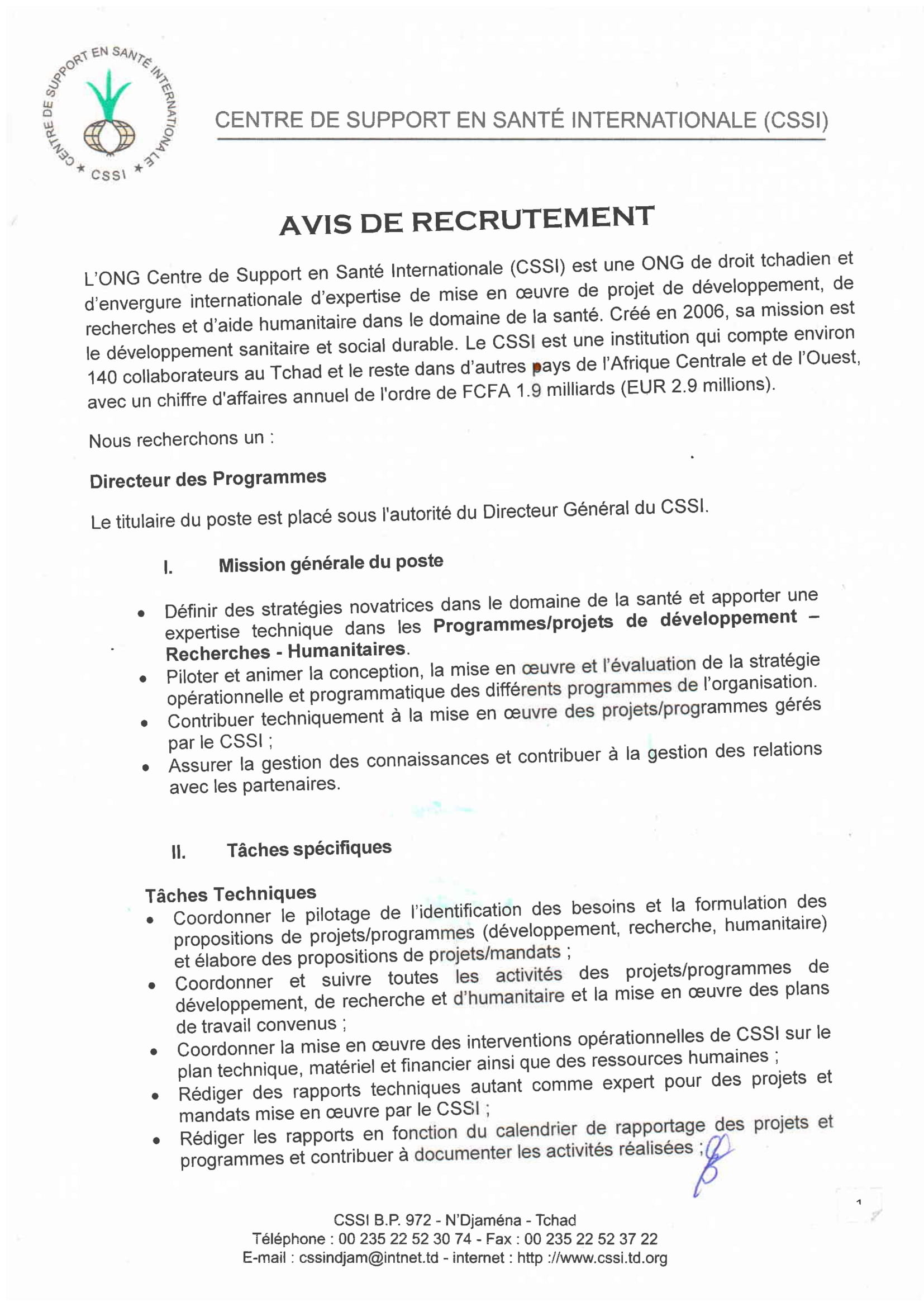 Le Centre de Support en Santé Internationale (CSSI) recrute pour le ...
