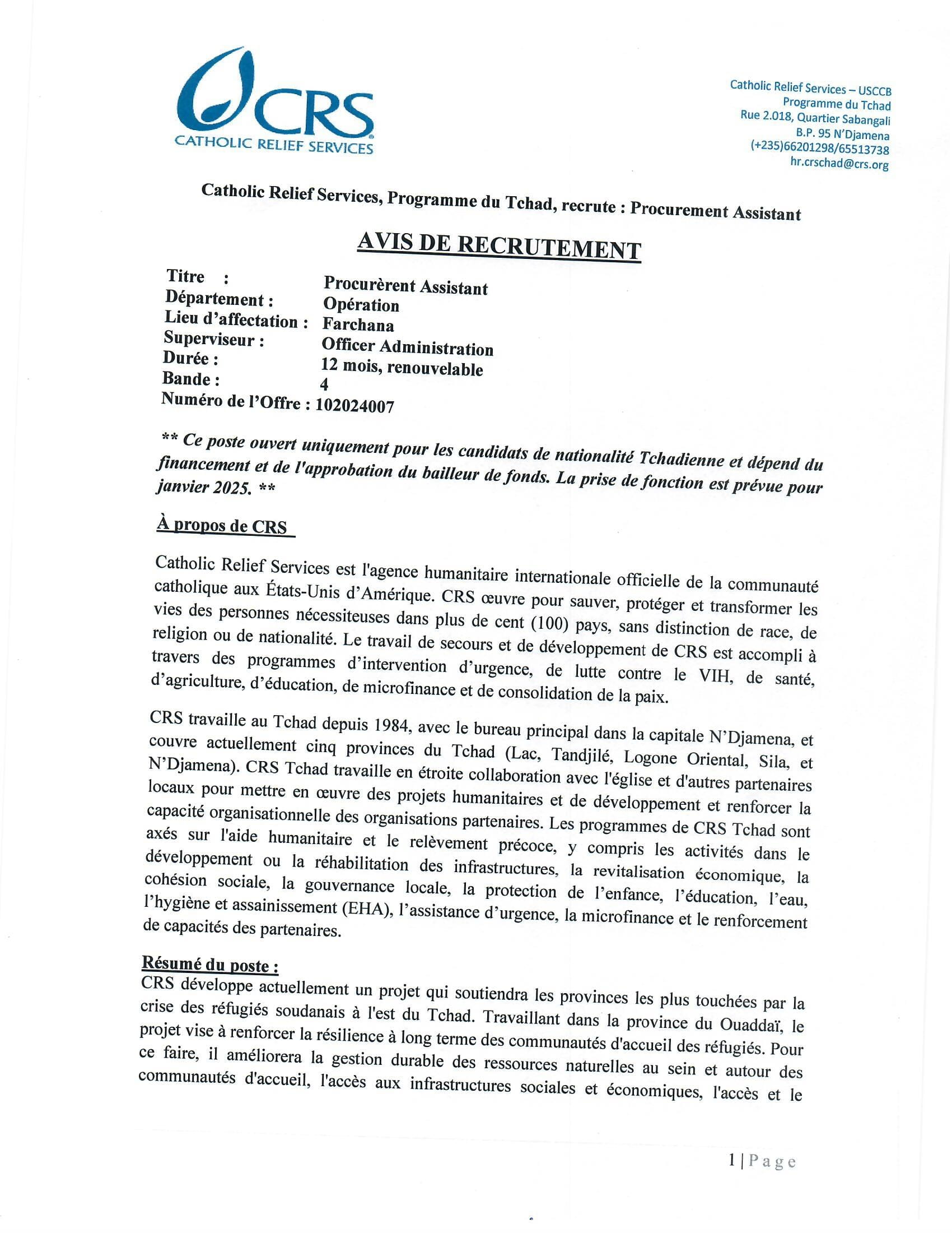 Catholic Relief Services recrute un(e) Procurement Assistant(e ...