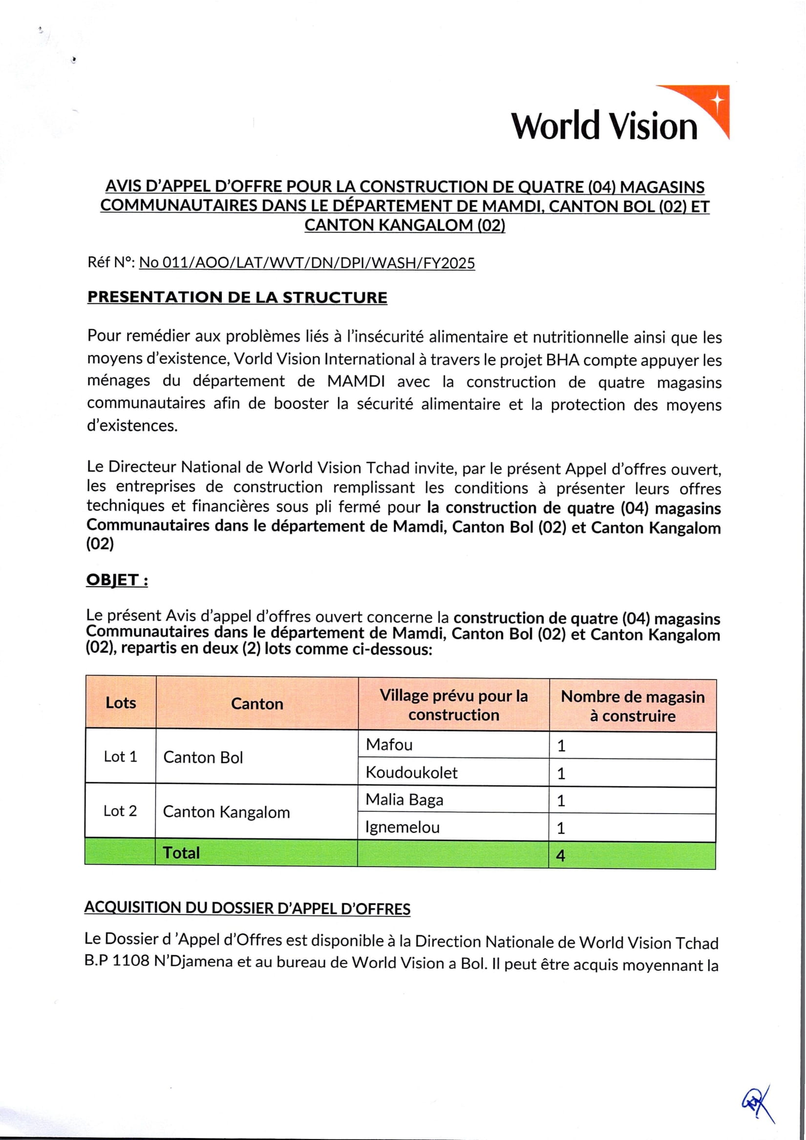 La World Vision lance un avis d’appel d’offres pour la construction de ...