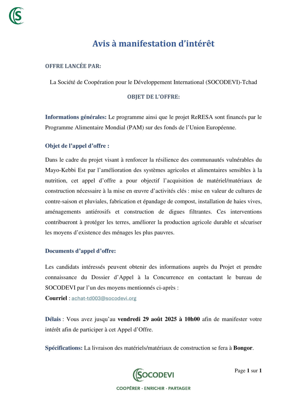 La SOCODEVI lance un avis à manifestation d’intérêt pour l’acquisition ...