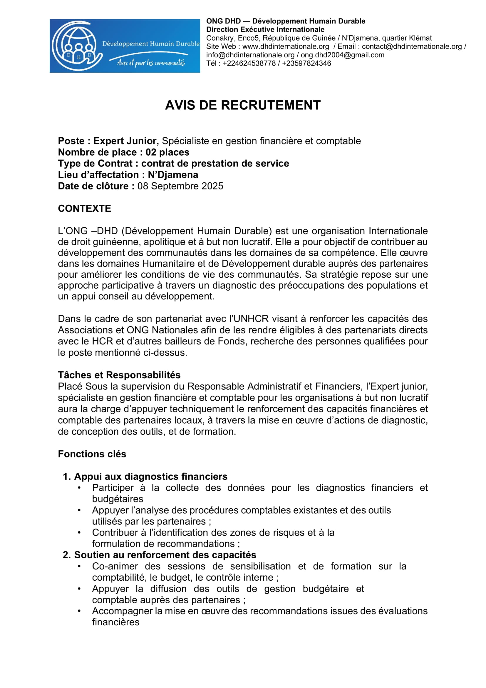L’ONG Développement Humain Durable (DHD) recrute 02 experts junior ...