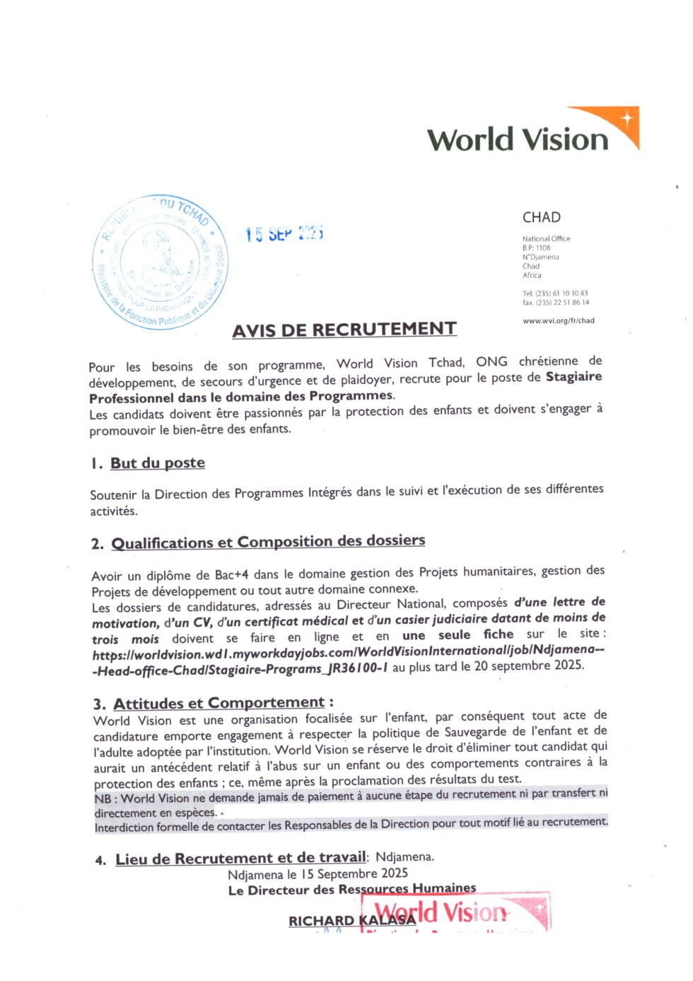 World Vision recrute pour le poste de stagiaire professionnel dans le ...