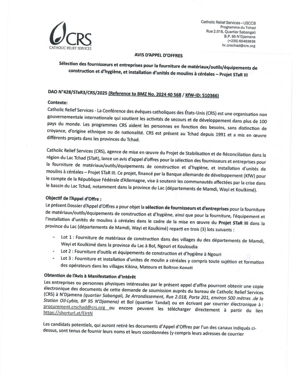 Catholic Relief Services (CRS) lance un Appel d’offre pour la sélection ...