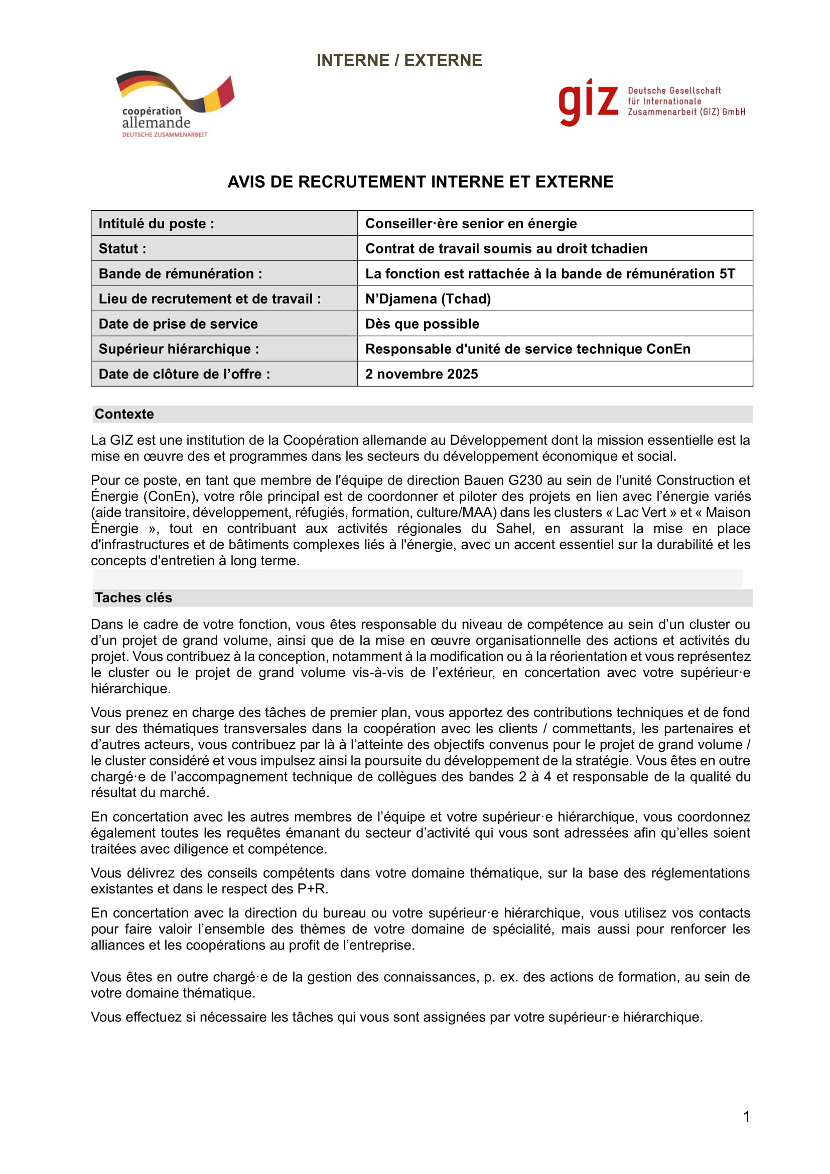 GIZ lance le recrutement interne/externe pour le poste de conseiller ...