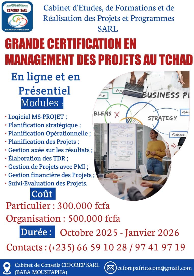 Le Cabinet de Conseils CEFOREP SARL organise une certification en management de projets de A à Z ...