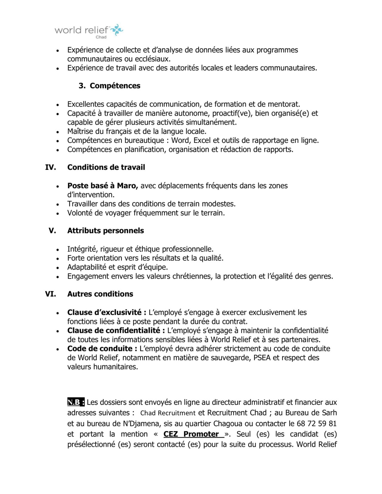 World Relief Chad recrute CEZ Promoter, Maro, Tchad - Tchad Annonces