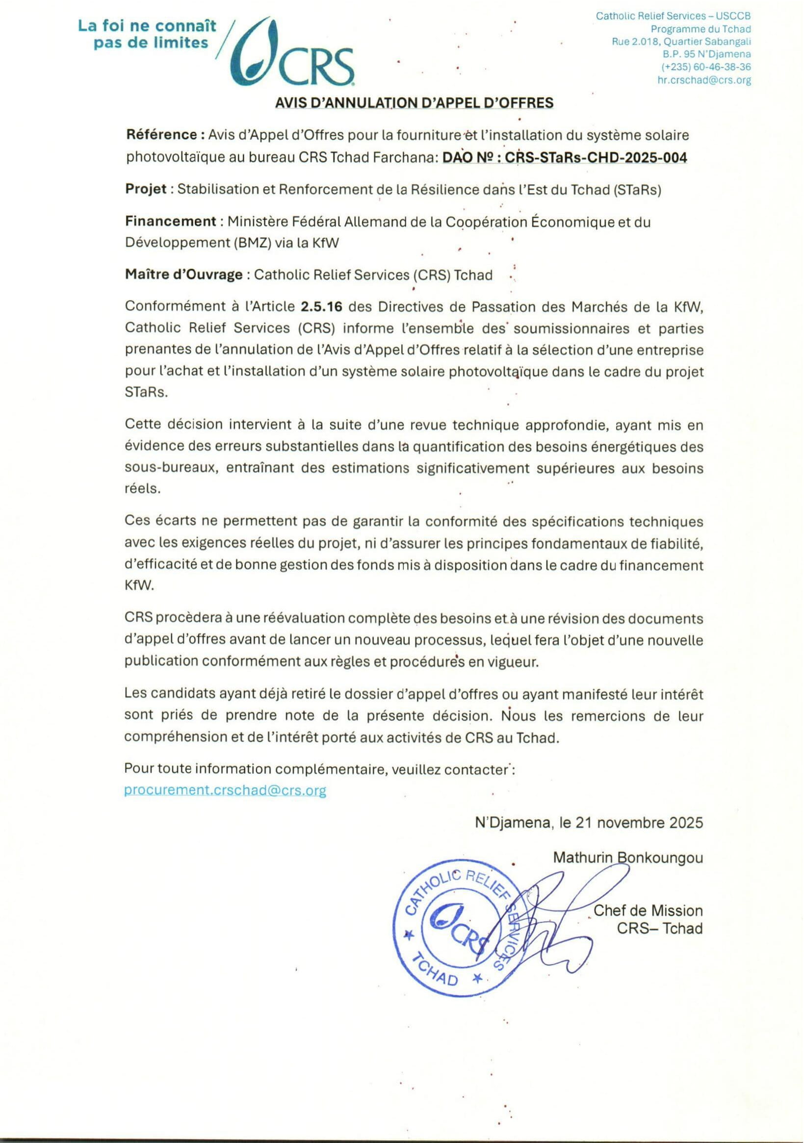 Catholic Relief Services (CRS) annonce l’annulation de l’avis d’appel d ...