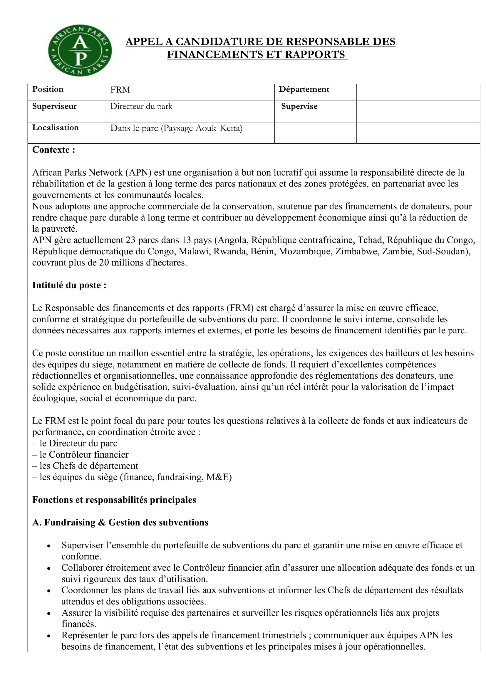 African Parks Network recrute un responsable des financements et ...