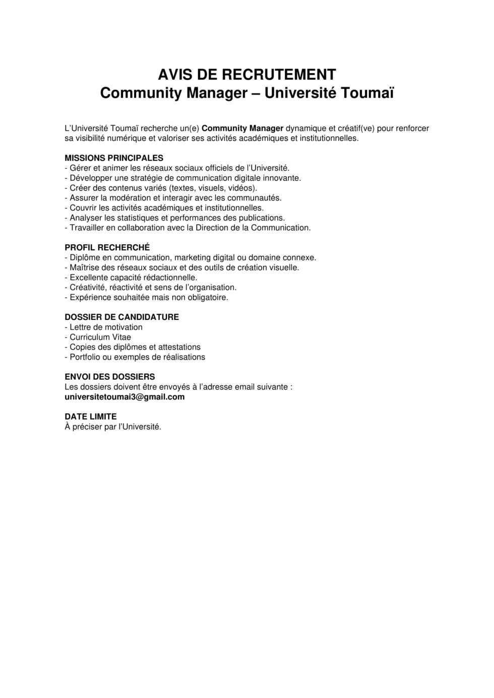 L’Université Toumaï recrute un community manager (H/F), N’Djamena ...