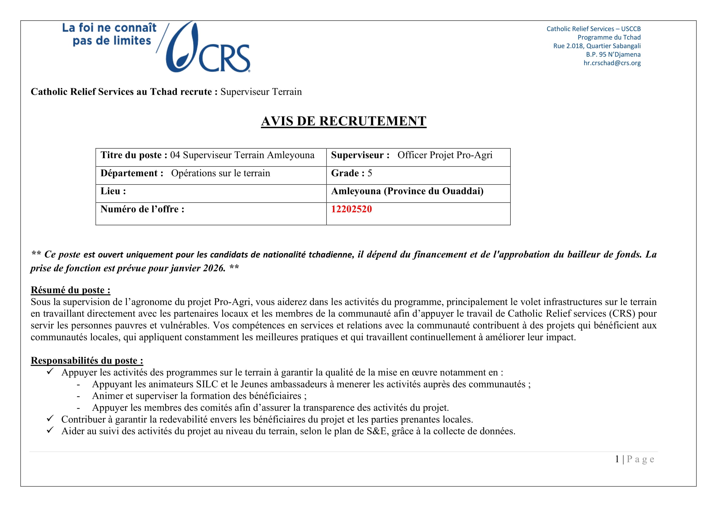 Catholic Relief Services (CRS) recrute quatre (04) Superviseurs Terrain, Amleyouna, Tchad ...