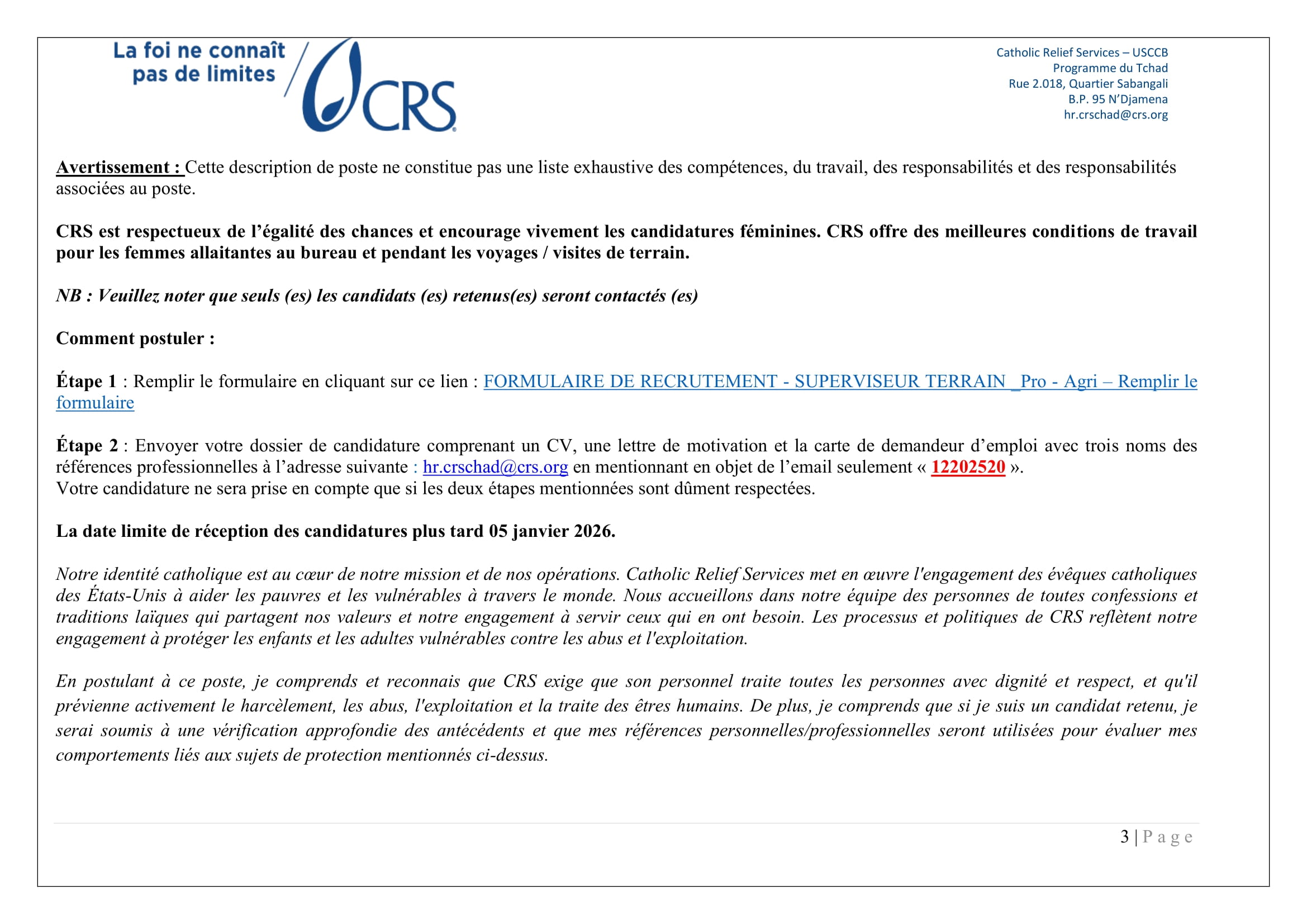 Catholic Relief Services (CRS) recrute quatre (04) Superviseurs Terrain, Amleyouna, Tchad ...