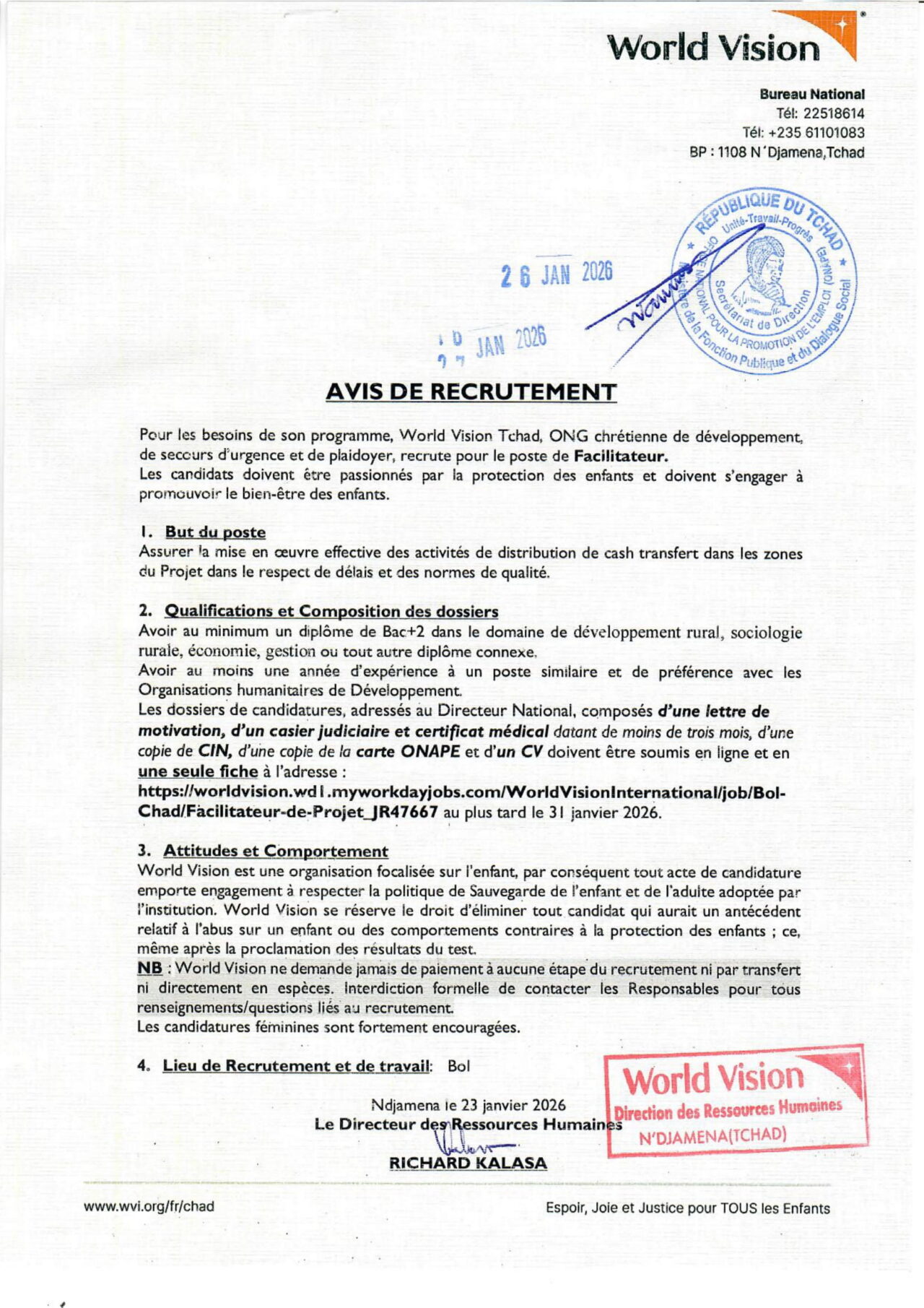 World Vision recrute pour le poste de Facilitateur, Bol, Tchad - Tchad ...