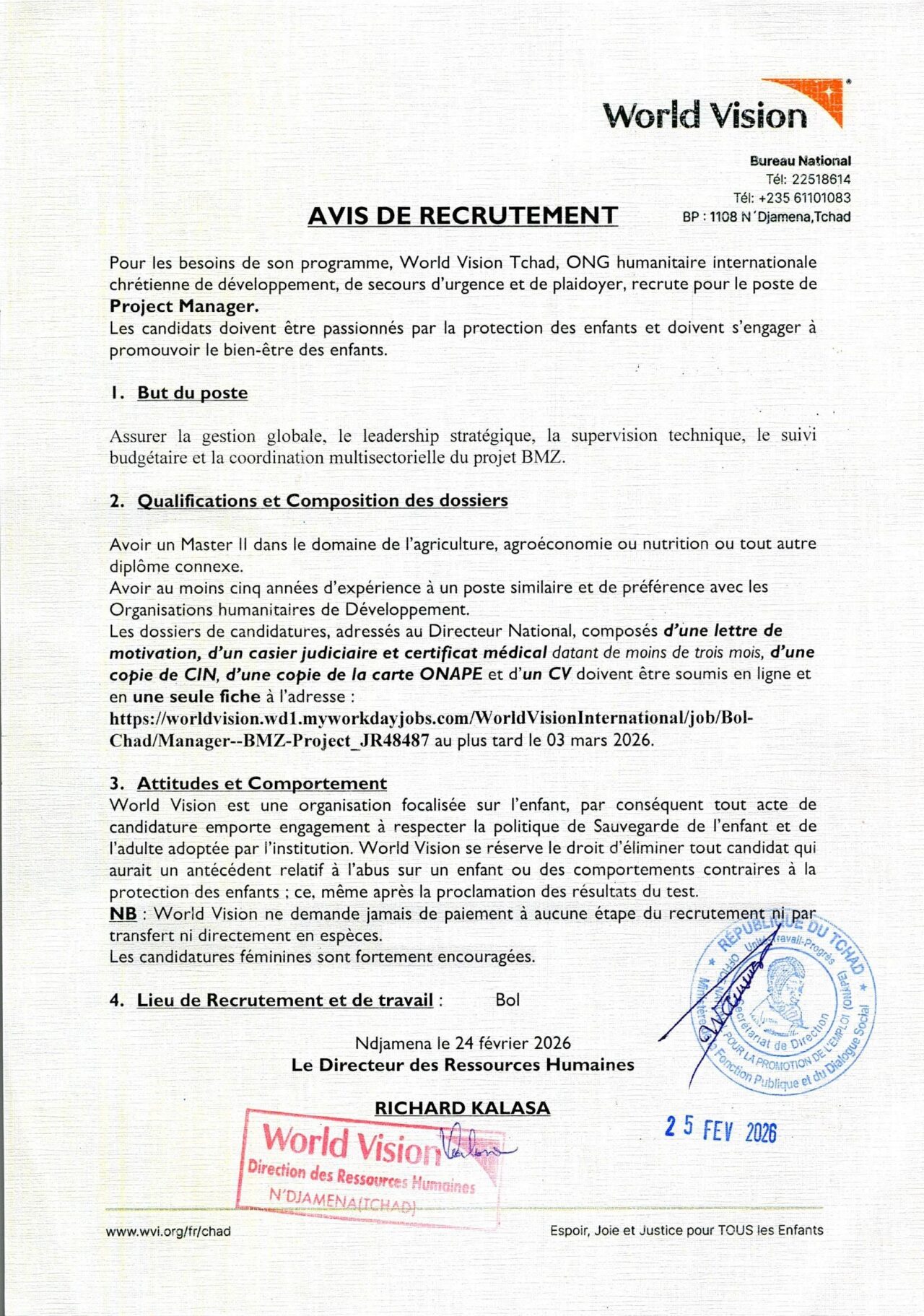 World Vision recrute pour le poste de Project Manager, Bol, Tchad ...