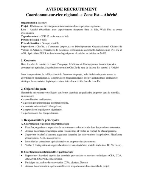 Socodevi recrute un Coordonnateur Régional zone Est – Abéché, Tchad ...