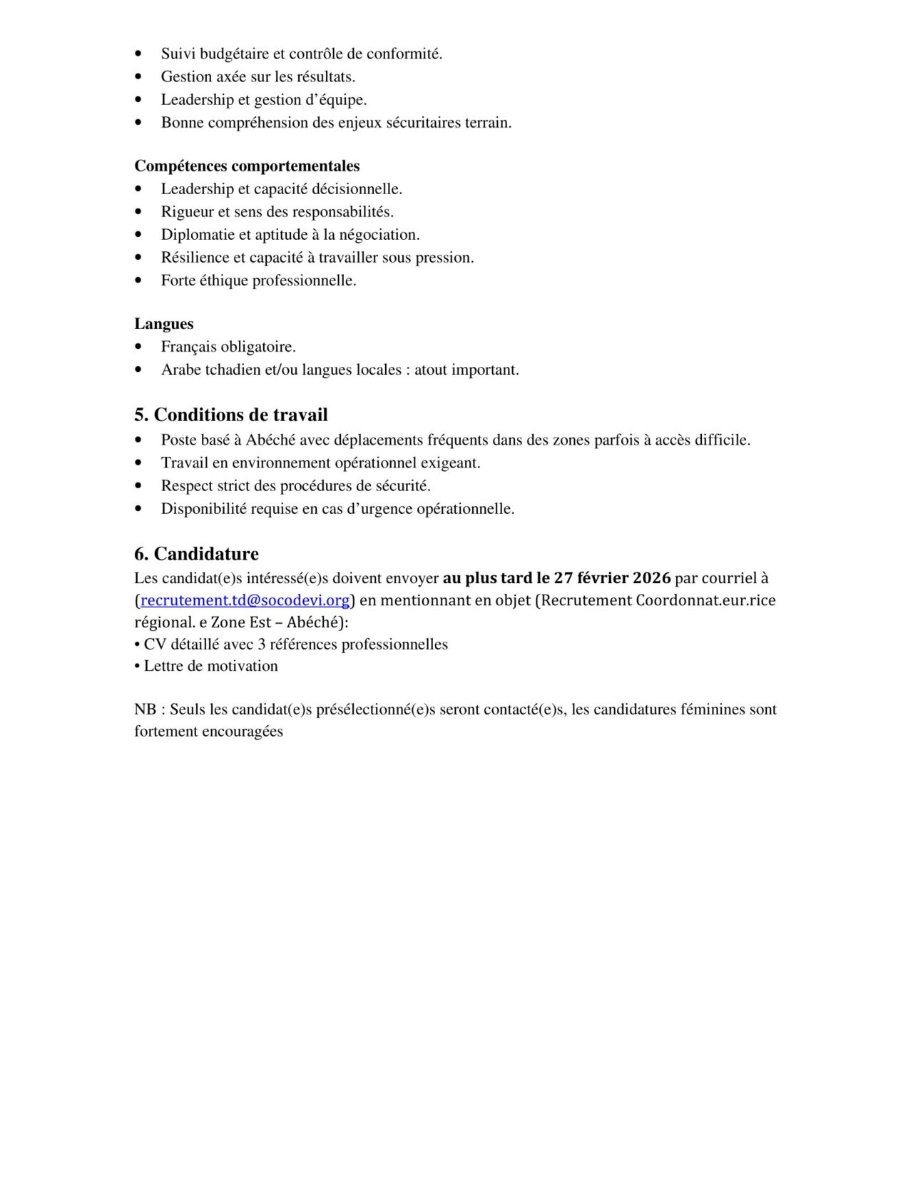 Socodevi recrute un Coordonnateur Régional zone Est – Abéché, Tchad ...