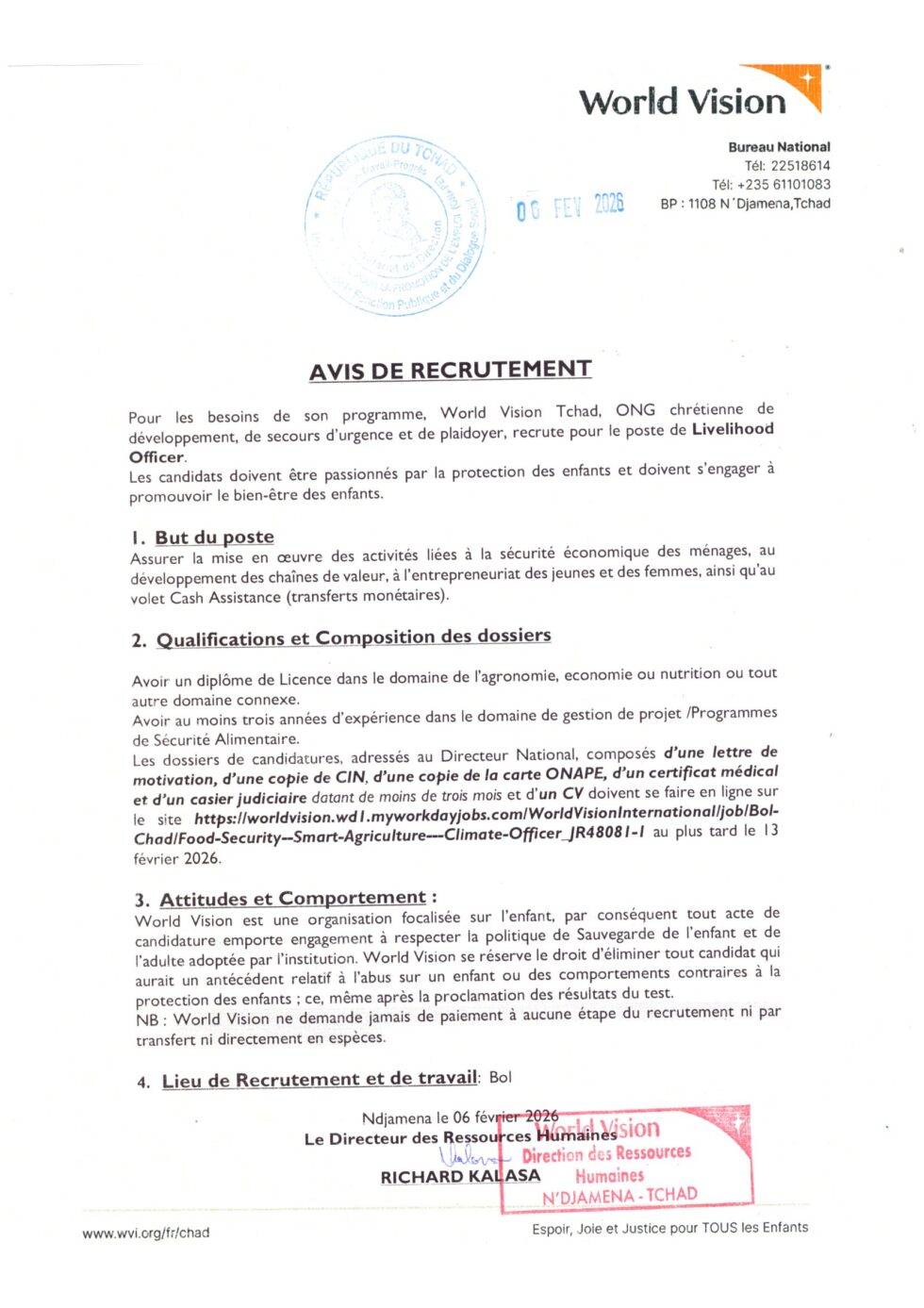 World Vision recrute pour le poste de Livelihood Officer, Bol, Tchad ...