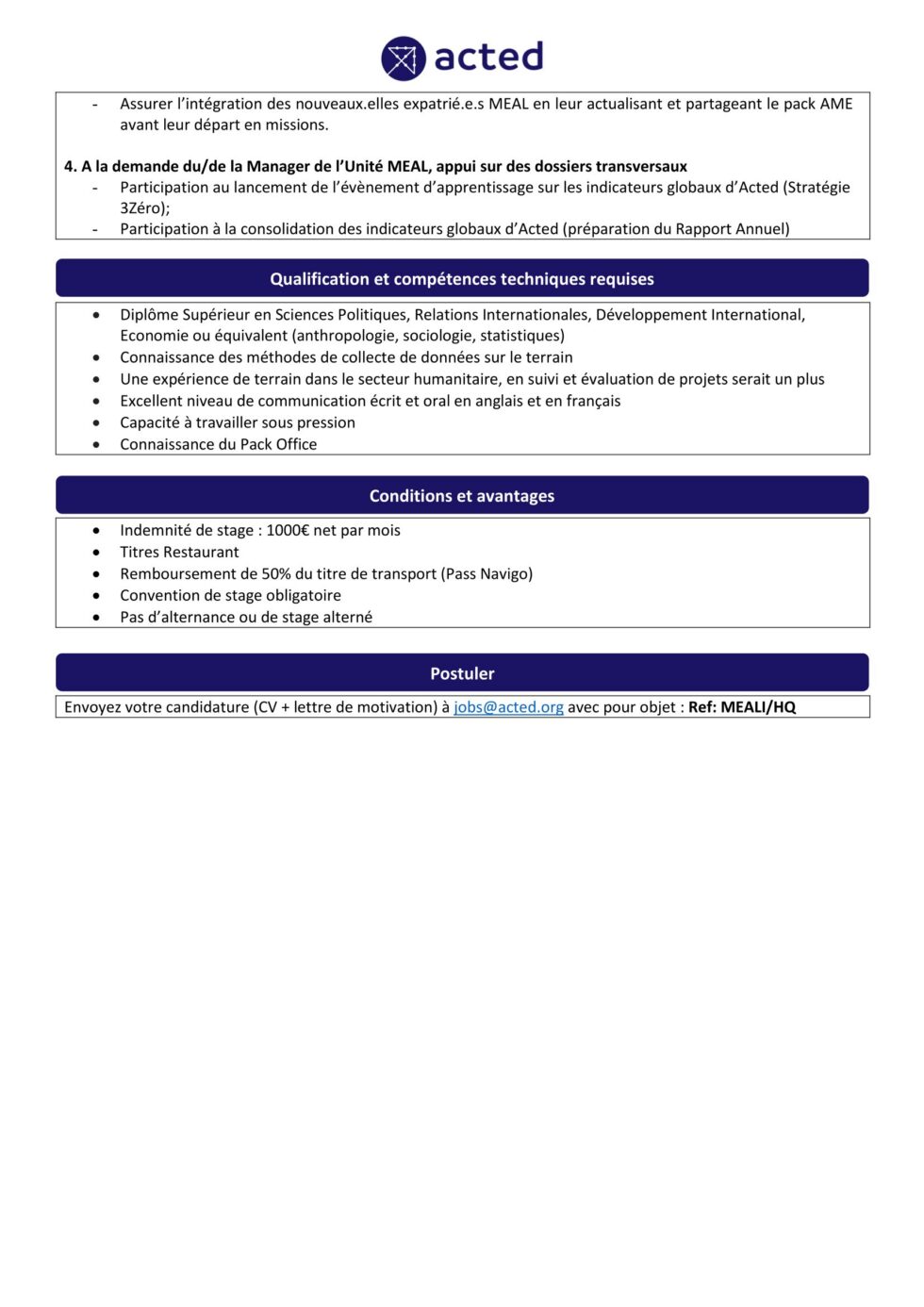 Acted recrute un Stagiaire Suivi & Evaluation (MEAL), Paris, France ...