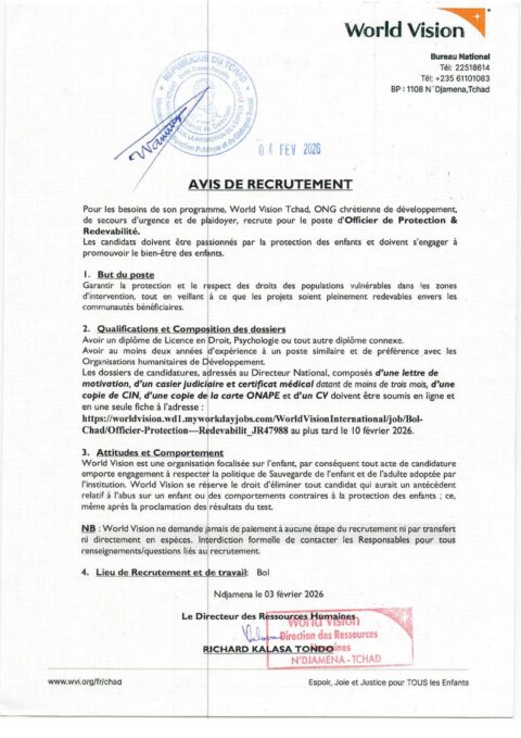 World Vision recrute pour le poste d’Officier de Protection ...