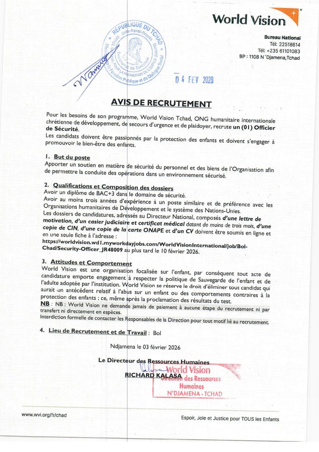 World Vision recrute pour le poste d’Agent de Sécurité, Bol, Tchad ...