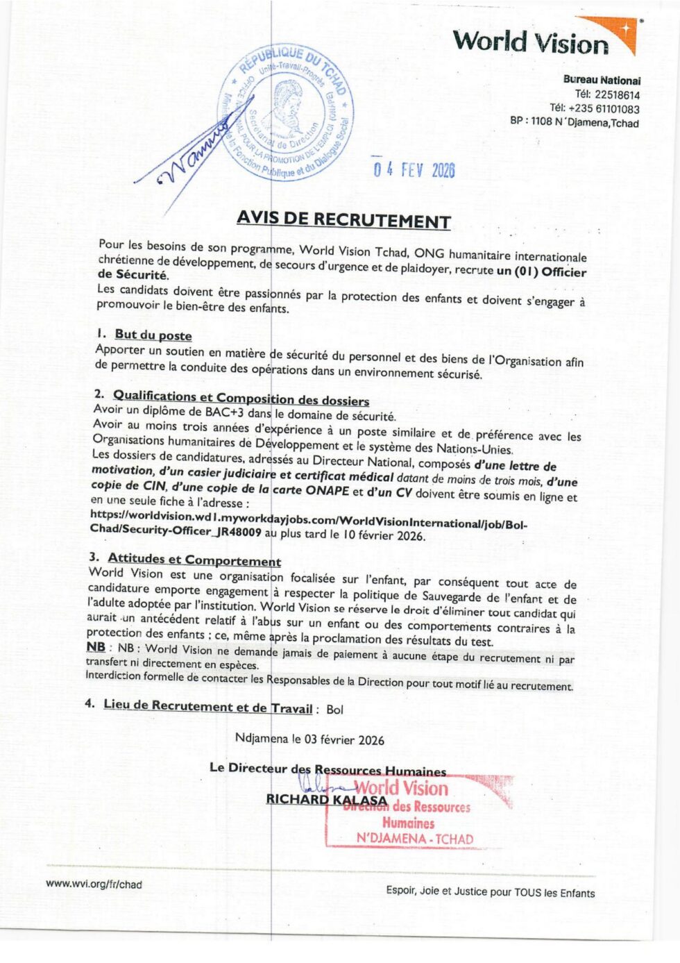 World Vision recrute pour le poste d’Agent de Sécurité, Bol, Tchad ...
